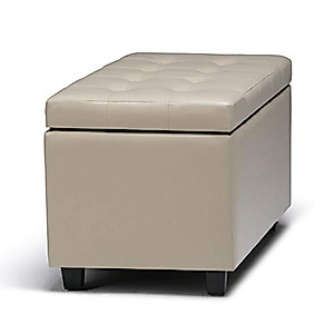 SIMPLIHOME Cosmopolitan 34 Inch Wide Transitional Rectangle Storage Ottoman in Satin Cream Vegan Faux Leather, For the Living Room, Entryway and Family Room