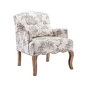 Shunzhi Mid Century Accent Chairs Modern Floral Armchair Upholstered Reading Chair Linen Farmhouse Single Sofa Chair with Pillow for Bedroom/Living Room/Fireplace, Beige, 1PC