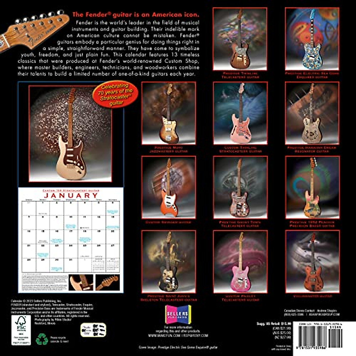 Fender Custom Shop Guitar 2024 Wall Calendar, 12" x 12"