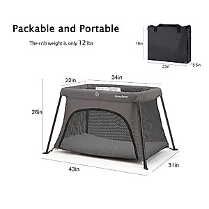 Lightweight Foldable Travel Crib, Portable Crib for Baby Travel, Portable Playard with Carry Bag for Infant Toddler Newborn(Grey)