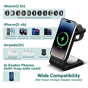 Smtcsl 3 in 1 Wireless Charging Station, Fast Charger Stand Compatible for iPhone/Apple Watch/Airpods, 5000mAh Mag-Safe Battery Pack USB C Power Bank for 15 14 13 12 Series, 20W PD Adapter (Black)