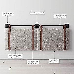 Nathan James Harlow Modern Wall Mount Hanging Upholstered Headboard, Queen, Gray with Brown Faux Leather Straps