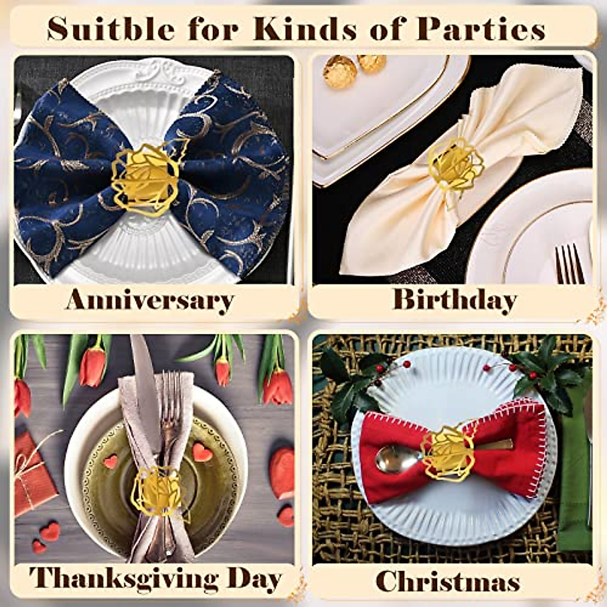 Honitra Rose Napkin Rings, Napkin Rings Set of 100 for Party Decor, Gold Napkin Ring uses Bronzing Process, Reusable Rose Paper Napkin Ring for Wedding, Anniversary, Birthday Table Decor