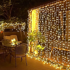 JMEXSUSS 300 LED Remote Control Curtain Lights, Plug in Fairy Curtain Lights Outdoor, Window Wall Hanging Curtain String Lights for Bedroom Backdrop Wedding Party Xmas Indoor Decor, Warm White