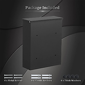 Dalmbox Locking Mailbox Wall Mount, Wall Mounted Mailbox with Key Lock, Large Drop Box with Galvanized Steel Cover, Rust-Proof Metal Post Box, Black, 10.2” x 3.7” x 12.6”