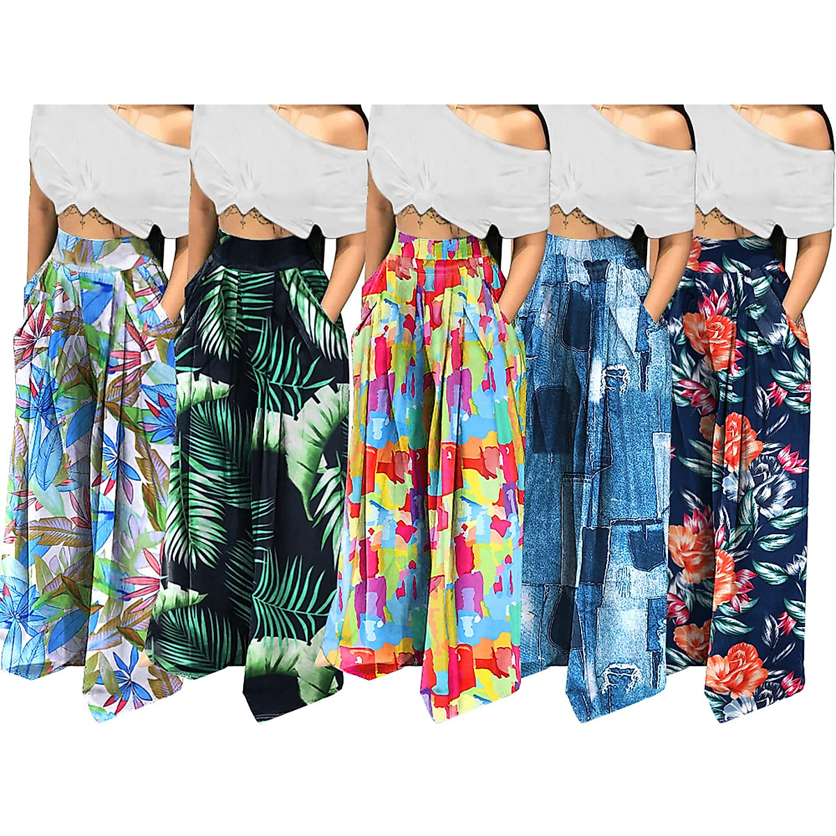 Famnbro Women's Boho Palazzo Pants Loose Fit Elastic High Waisted Long Wide Leg Trousers Plus Size