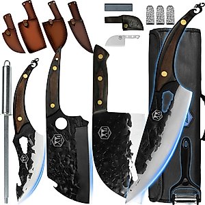 XYJ Authentic Since1986,Professional Knife Sets for Master Chefs,Camping Chef Knife Set with Bag,Sheath,Culinary Kitchen Butcher Meat Knives,Slicing Cooking Cutting,Full Tang,High Carbon Steel