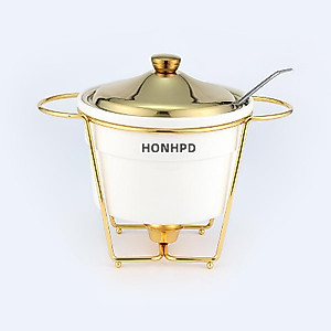HONHPD Luxury Golden Stainless Steel Ceramics Chafing Dish with Spoon Dish Buffet Server Food Warmer Chafing (4-Quart Capacity)