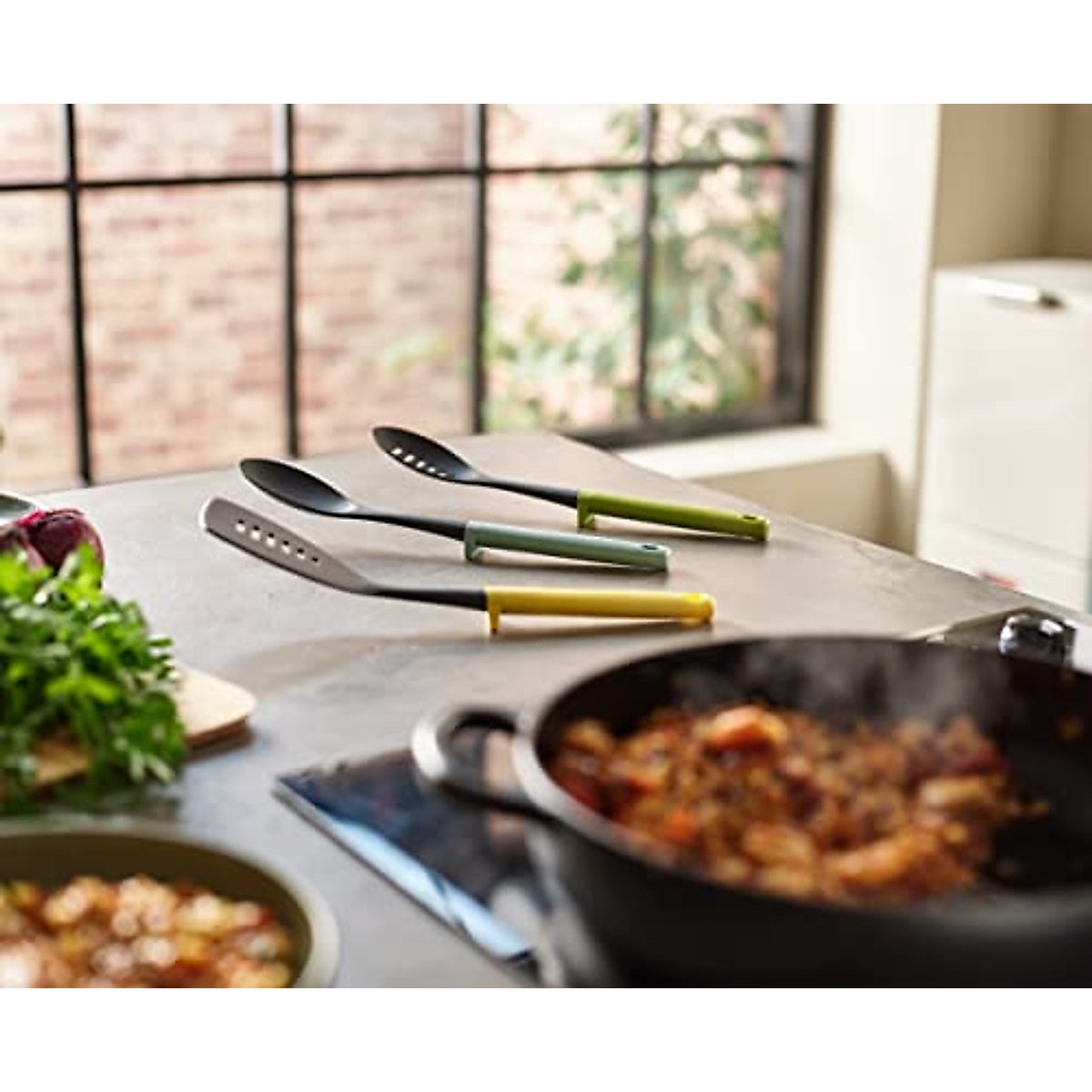 Joseph Joseph Duo 3-Piece Utensil Set with Integrated Tool Rests: Scratch-Free Use on Non-Stick Cookware, Includes Solid & Slotted Spoons and Turner, Heat-Resistant