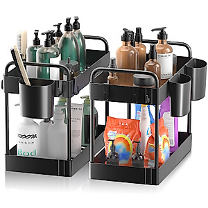 2 Pack Under Sink Organizers and Storage,2 Tier Under Bathroom Storage Rack with 12 Hooks,4 Hanging Cup, Bathroom Under Sink Shelf Cabinet Organizer Basket,Kitchen Multi-purpose Under Sink Storage