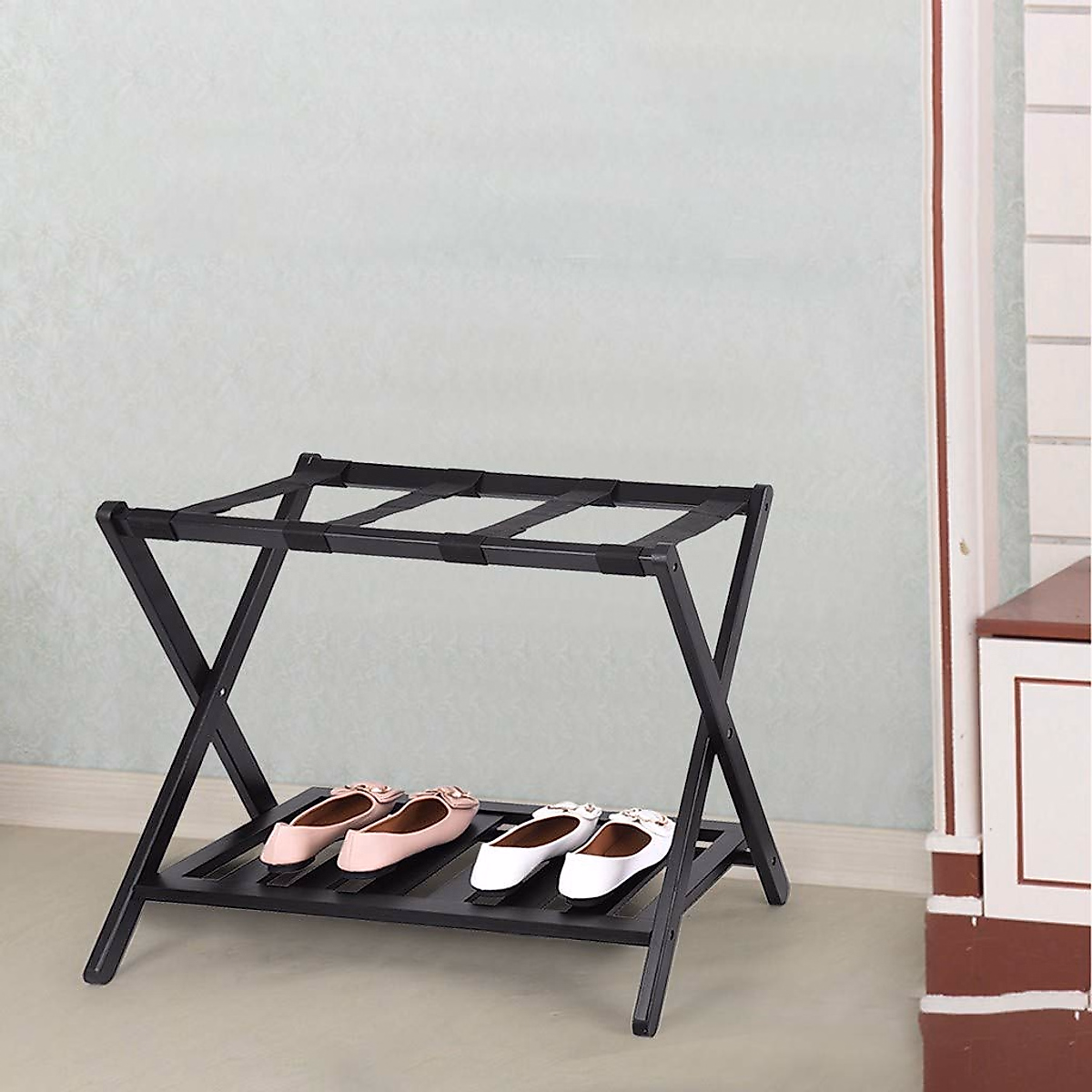 FiveShops Luggage Rack with Shelf, Folding Bamboo Suitcase Luggage Stand, Double Tiers Luggage Holder with Shoe Shelf, Casual Organization Storage Chests for Bedroom, Guest Room, Hotel, Black