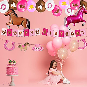 Western Cowgirl Birthday Party Decorations, Retro Horse Rodeo Party Supplies for Girls Included Horse Shaped Foil Balloons Happy Birthday Banner Cake Topper Hanging Swirls 12 Inch Latex Balloons