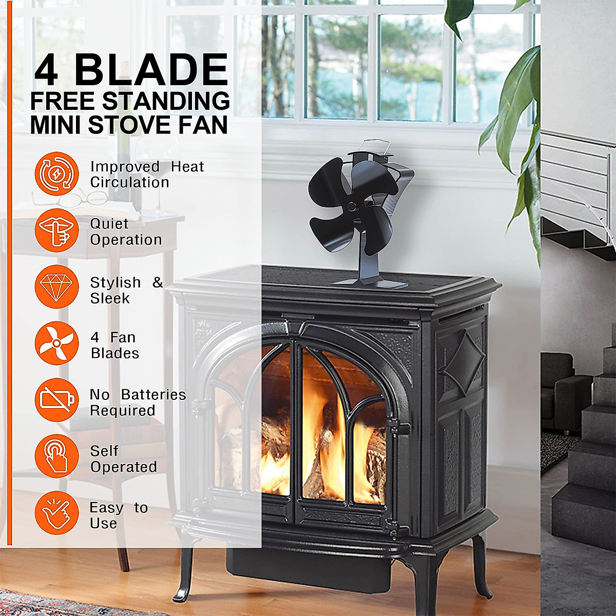 HAWCAFU Wood Stove Fan Heat Powered Fireplace Fan 4 Blades Fire Fan Wood Buring Stove Top Fan for Wood/Log Burner/Fireplace