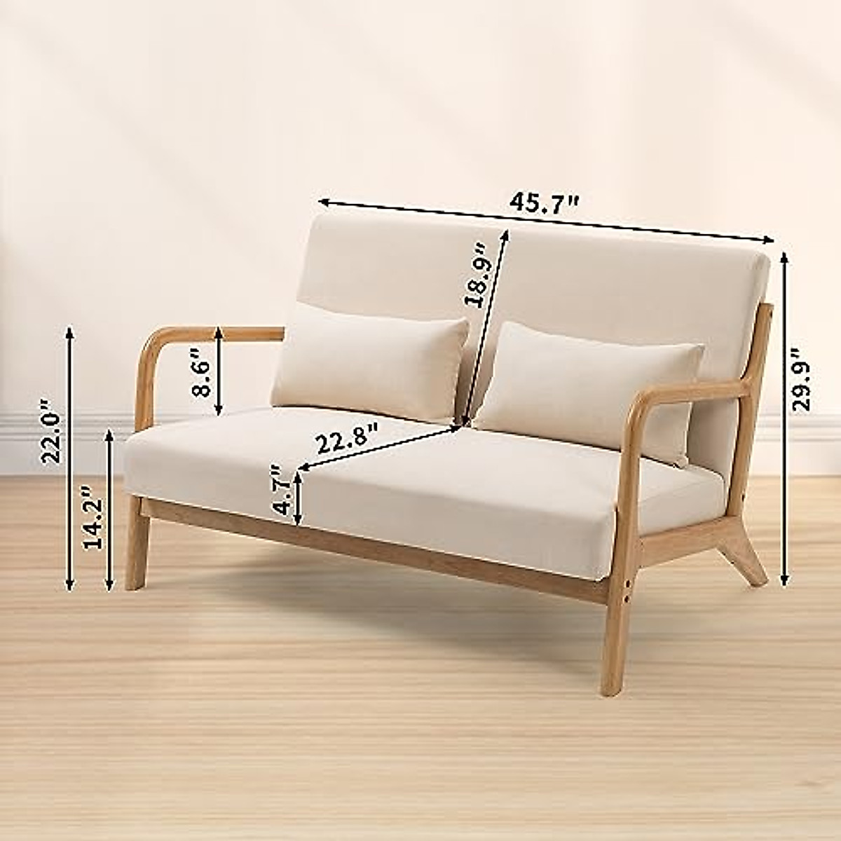 ARSURA Leisure Chair with Solid Wood Armrest and Feet, Mid-Century Modern Accent Sofa, for Living Room Bedroom Studio, 2 seat, Beige