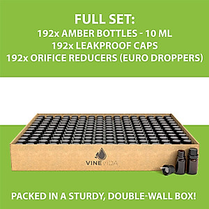 Wholesale Essential Oil Bottles Bulk - 192 Amber glass bottles With Caps and Droppers for Essential Oils, Aromatherapy, Perfume Samples, Mini 10 ml Glass Vials | Complete Carrier Oil Kit â€“ DIY.