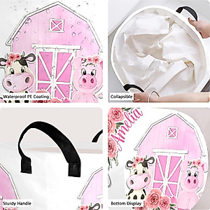 Personalized Laundry Basket Hamper,Cow Pig Flower Farm,Collapsible Storage Baskets with Handles for Kids Room,Clothes, Nursery Decor