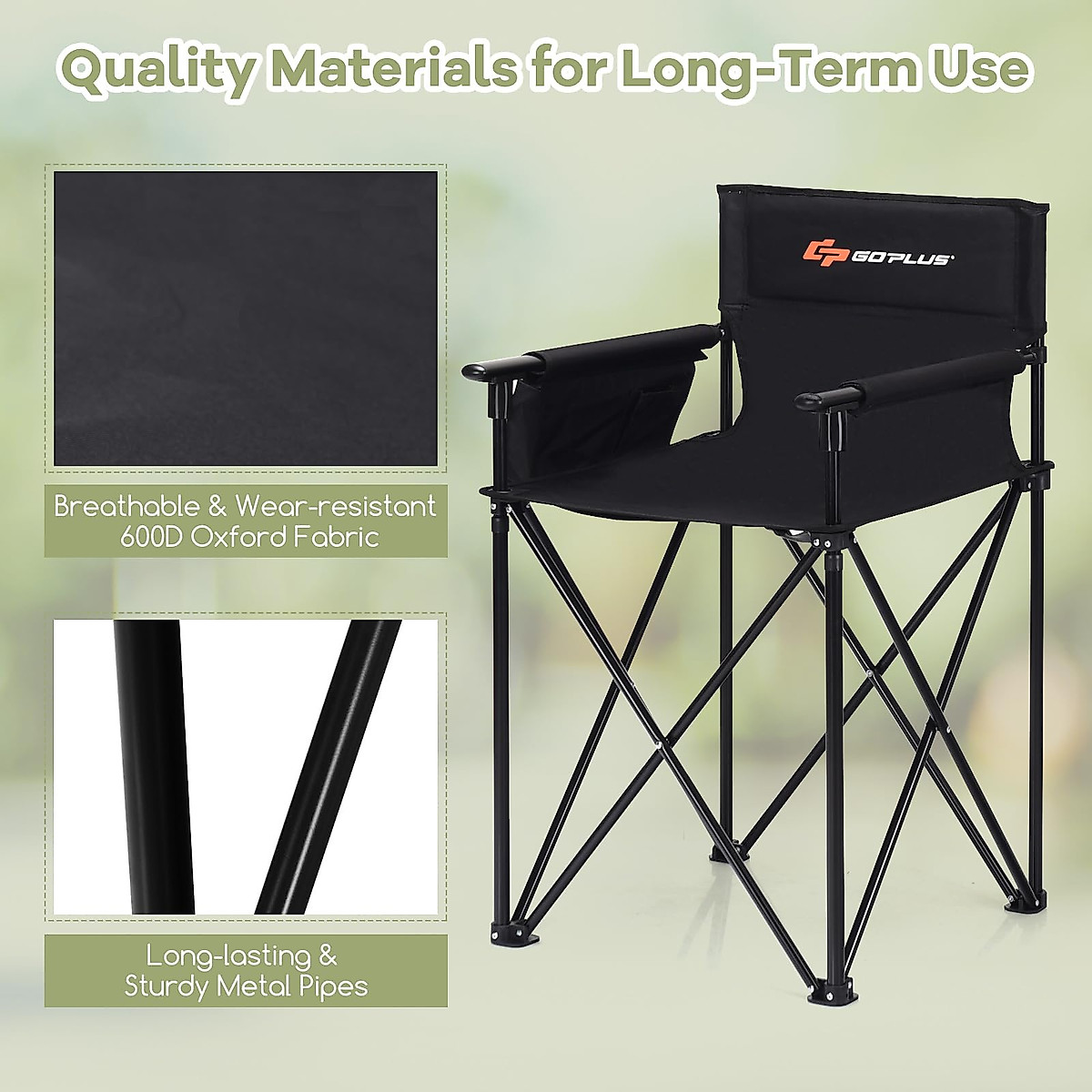 Goplus Folding Camping Chair, Outdoor Portable Beach Chair Heightened Design w/Detachable Armrests, Storage Pouches & Carrying Bag for Fishing, Picnic, Lawn (Black, 250LBS Weight Capacity)