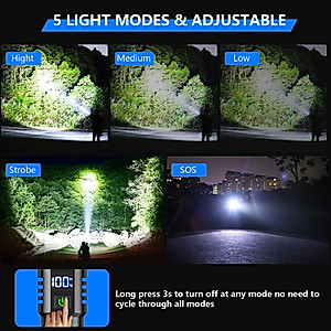 AHHZDZQ Super Bright LED Rechargeable Flashlight, 120,000 High Lumens Flashlights, XHM77.2 Zoomable Tactical Flashlight with 5 Modes, Brightest Waterproof Flashlights for Emergencies, Camping, Hiking