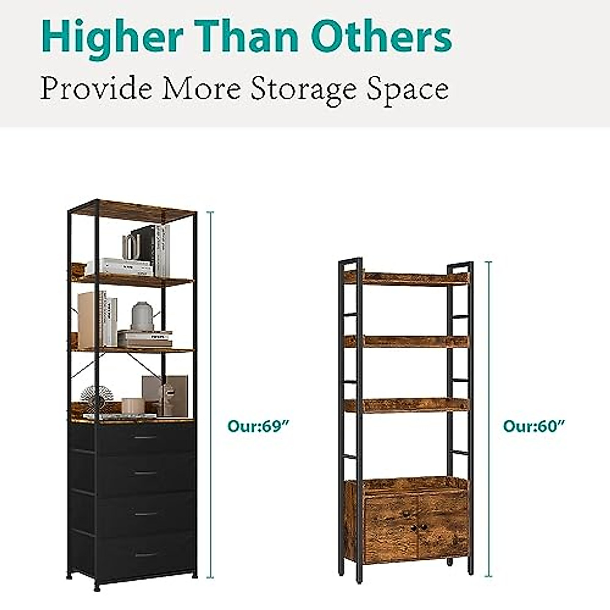 VASICAR 4-Tier Tall Bookshelf with 4 Drawers, Multifunctional Open Bookcase, Storage Shelf Dresser for Living Room, Office, Bedroom, Kitchen, Free Drawer Divider (Black)