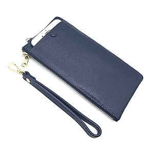 IXYVIA RFID Blocking Women's Leather Wristlet Clutch Wallet, Smartphone Wristlet Purse Signature Wallet (Dark Blue)