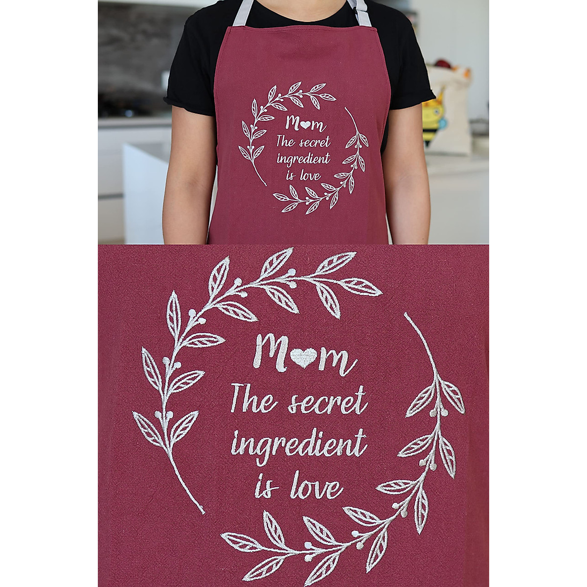 Mom Apron Set with Matching Dish Towels - Gift for Mom Wife Grandma for Cooking Baking – Mommy Apron - Kitchen Aprons for Mom Women Grandma – Cooking Aprons for Women – Cotton Linen Embroidered Apron