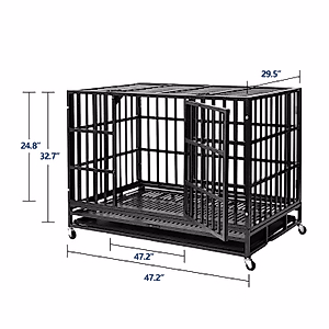 48 Inch Heavy Duty Indestructible Steel Dog Crate XXL Escape-Proof Double Door Pet Dog Cage with Lockable Wheel, New Upgraded Thickened Base Plate & Removable Tray,Black