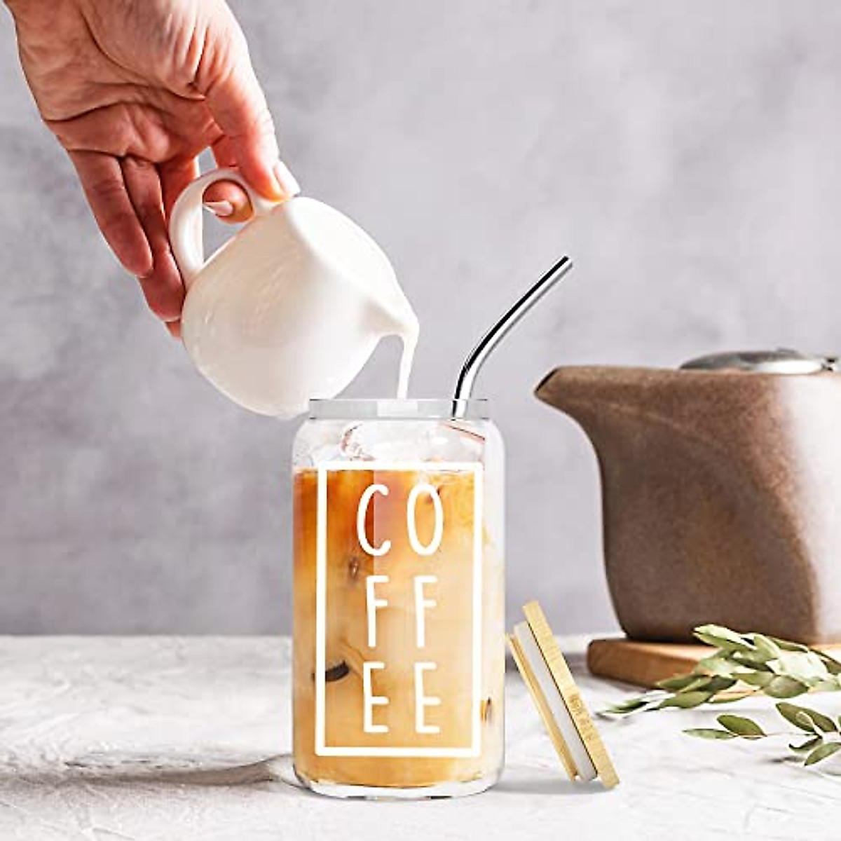 Set of 2 | 16 oz Iced Coffee Cup with Bamboo Lids + Straws | Mason Jar Cups & Iced Coffee Tumbler with Lid and Straw | Glass Cups for Iced Coffee, Boba Cup | Beer Can Glass & Smoothie Cup - Coffee