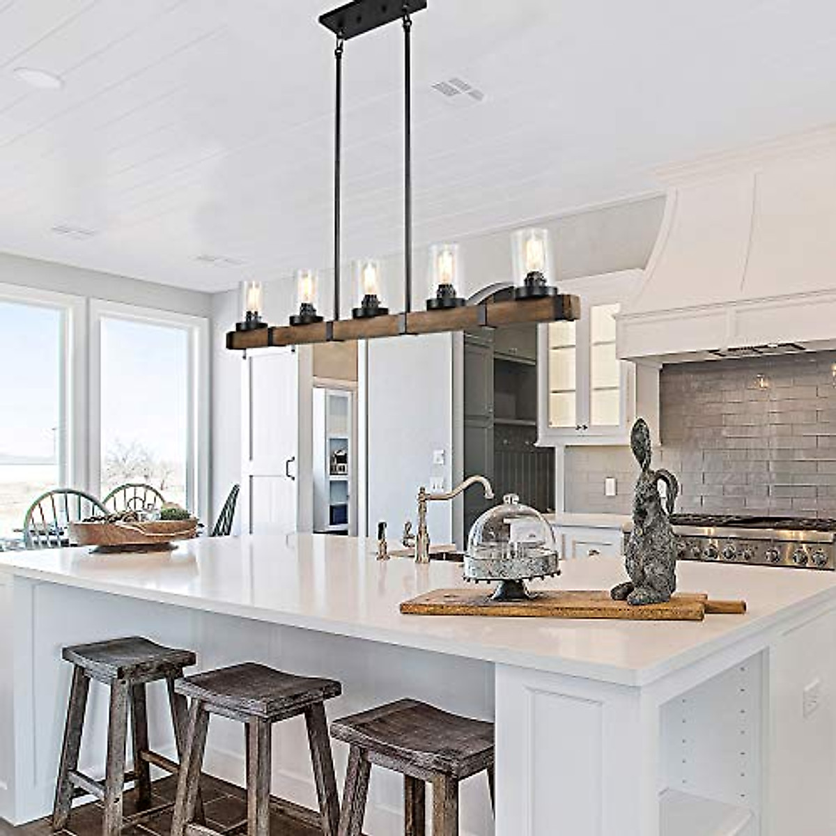 Farmhouse Chandeliers for Dining Room, 5-Light Kitchen Island Lighting, Rectangle Wood Chandeliers with Seedy Glass Shades