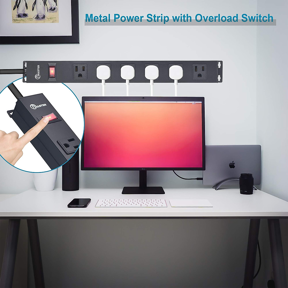 Aluminum Alloy Metal Shell Power Strip, Overload Protection, 6FT 14AWG Extension Cord, 6 Outlets with Large spacing Jacks, Suitable for Factory, Black, Specification: 15A/125VAC/1875W/60Hz