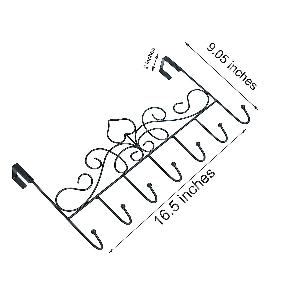 eywlwaar Over The Door 7 Hanger Rack Metal Rack for Home Use Hats Coats Key Bag Clothes Scarfs Hooks and Love Design (Black)