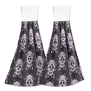KOCOART Halloween Mexican Skulls Kitchen Hand Towels Day of The Dead Hanging Dish Towel with Loop 2PCS, Soft Super Absorbent Decorative Fingertip Tie Towel for Bathroom 12x17 in