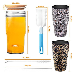 SYOUACEND 2 Pack Glass Cups with Lids and Straws, 24oz Glass Tumbler with Sleeves Reusable, Mason Jar Drinking Glasses Iced Coffee Cup Wide Mouth Glass Bottle for Bubble Tea, with 2 Cleaning Brush