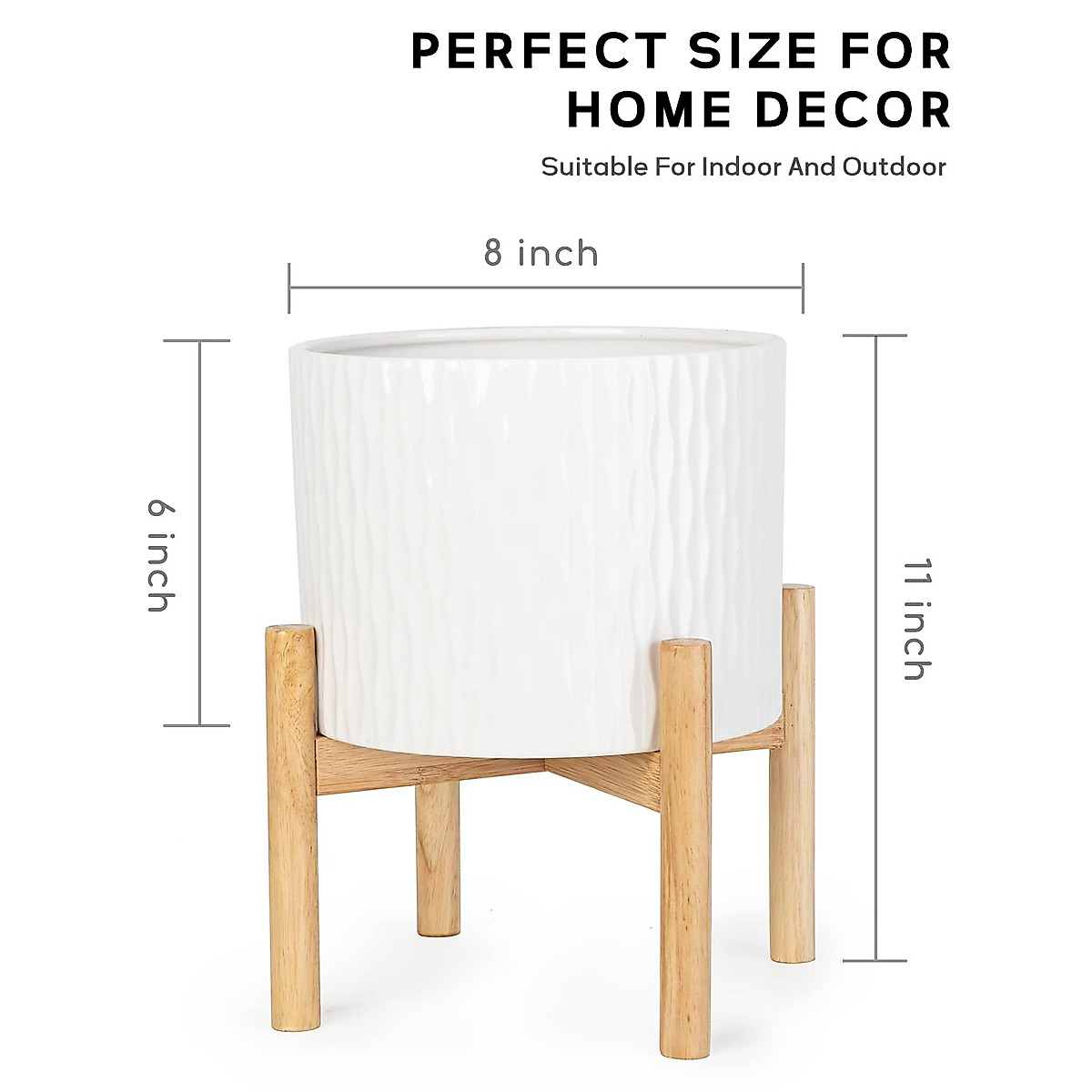 LaDoVita Ceramic Plant Pot with Stand, 8 Inch Planter with Wood Shelf, Modern Round Flower Pots Indoor with Wood Planter Holder, White Water Ripple Pattern