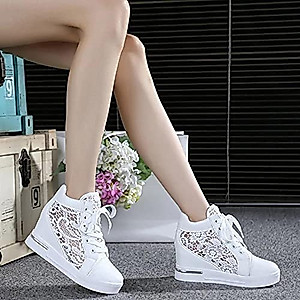 Hbeylia Platform Hidden Heels Fashion Sneakers For Women Fashion Lace Crochet Lace Up Chunky Bottom High Heels High Top Skateboard Canvas Shoes Casual Leather Walking Slip On Loafers Work Shoes