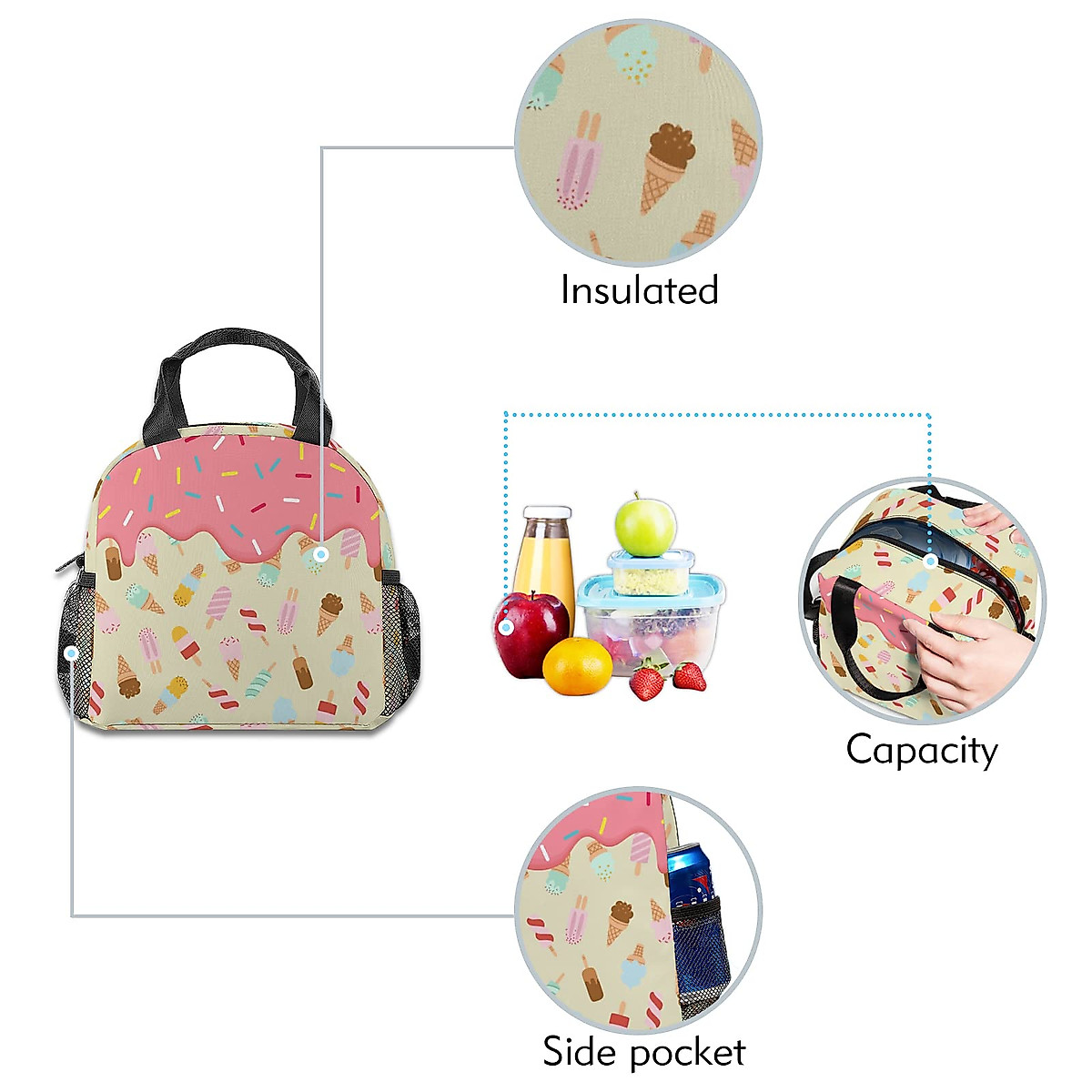 Ice Cream Backpack Set Girls Boys Lightweight Bookbag with Insulated Lunch Bag for Travel Camping Outdoor Sport