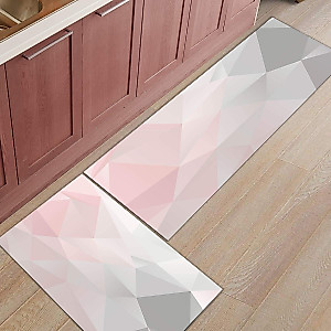 Kitchen Mat Set 2 Piece Kitchen Rugs, Pink Grey Gradient Geometric Triangle, Soft Waterproof Non-Slip Rubber Backing Floor Mats Doormat Bathroom Runner Area Rug Carpet, 15.7x23.6in + 15.7x47.2in