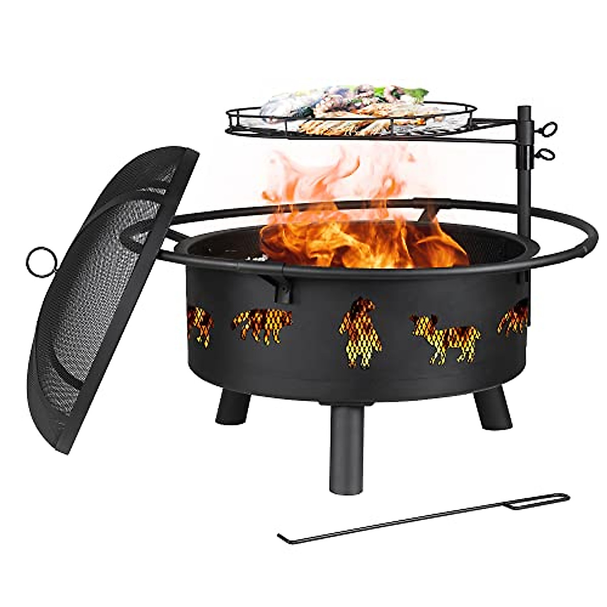 FUNBERRY Fire Pits for Outside,Outdoor Fire Pits with Grill,Wood Burning Fire Pit,30 Inch Firepit with Spark Screen,Log Grate,Poker