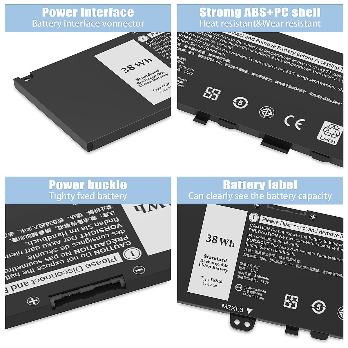 New 38Wh F62GO Battery Compatible with Dell Inspiron 13 7000 7373 7386 2-in-1 7370 7380 5370 P83G P87G P91G P83G001 P83G002 P91G001 P87G001 Vostro 13 5370 Series 39DY5 039DY5 RPJC3 0RPJC3 11.4V