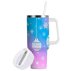 Insulated Stainless Steel Tumblers 40 Oz with Handle and Straw Lid, Christmas Snowflakes Design Insulated Travel Tumbler