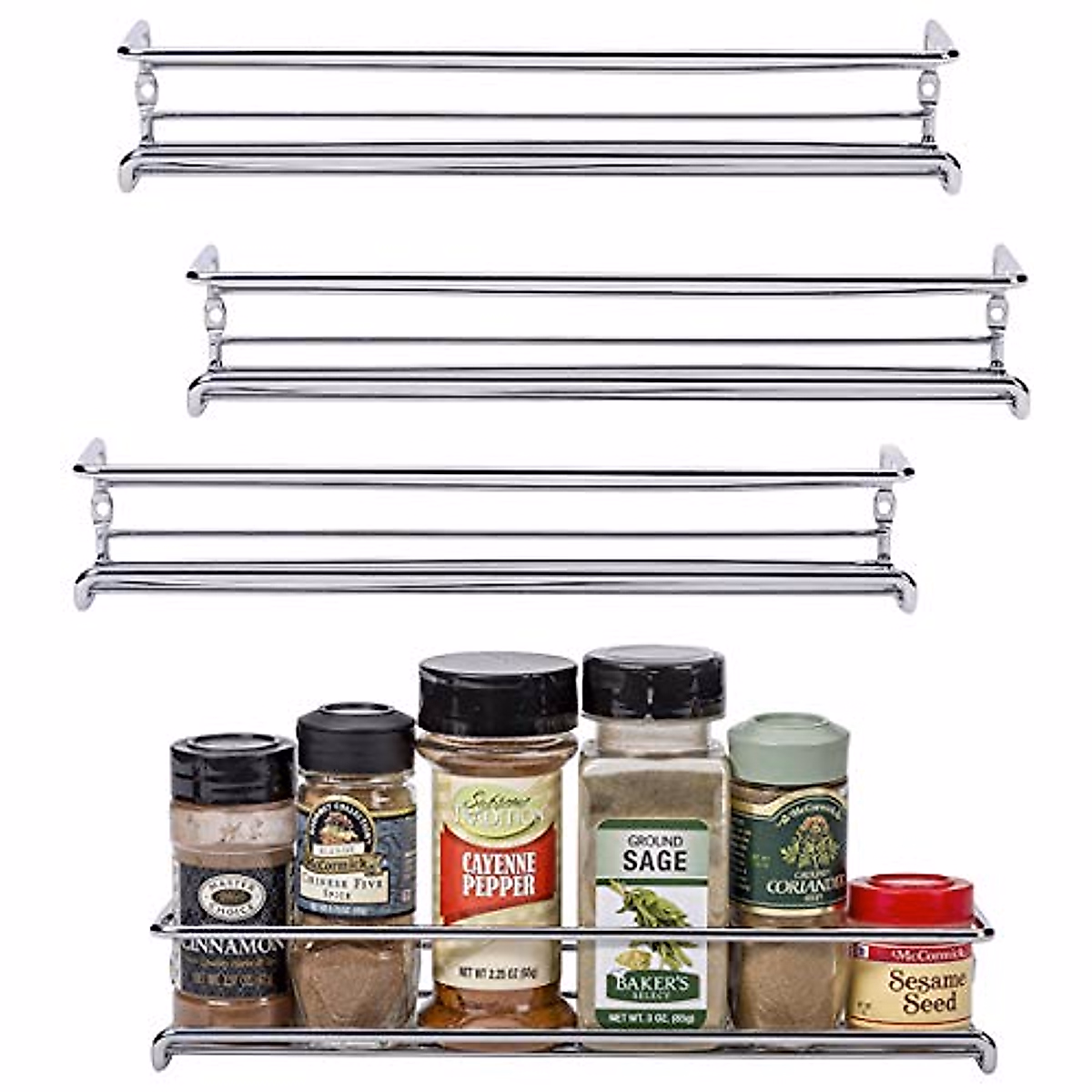 Unum Chrome Wall-Mount/Cabinet Door Spice Rack (x4) – Single Tier Hanging Spice Organizers/Racks - Pantry, Kitchen Wall/Cupboard, Over Stove, and Closet Door Storage – 11 3/8"L x 3"D x 2"H