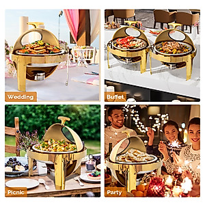 ROVSUN 6 QT Round Chafing Dish Buffet Set, Roll Top NSF Stainless Steel Buffet Warmer Chafers and Buffet Warmers Sets with Thick Frame for Catering Events Parties Weddings Dinners,Gold