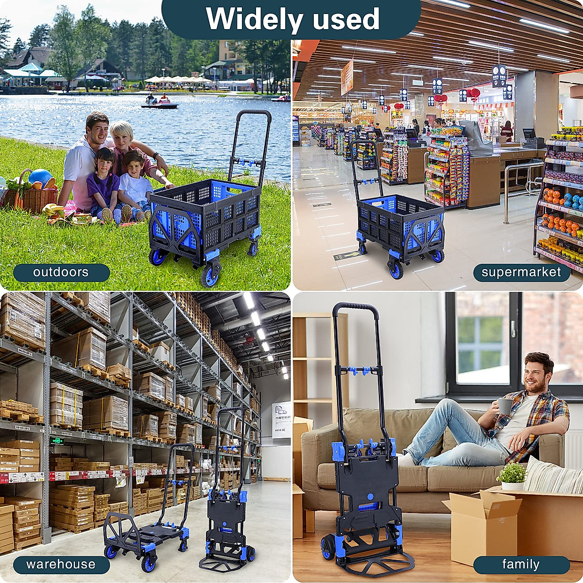 2-in-1Folding Hand Truck with Folding Basket, 330LBS Capacity handtruck,Dolly cart with Retractable Handle,Hand Truck Foldable Dolly with 4 Wheels,Portable Hand cart