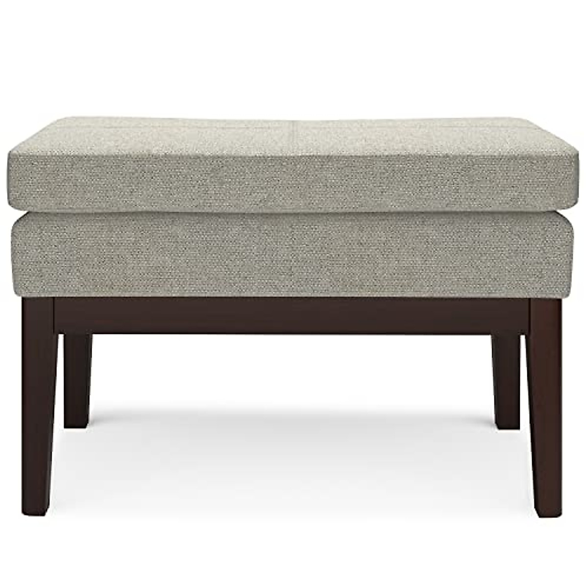SIMPLIHOME Carlson Ottoman Bench in Greige, 15"H x 26.4"W x 17.5"D, Solid Pine Wood Frame with Dark Walnut Legs, Compact Seating for Living Room