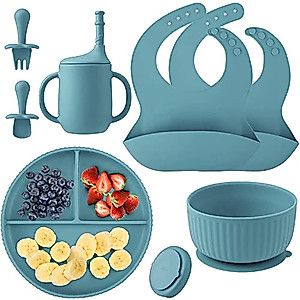Silicone Baby Feeding Set, 2 adjustable bibs with food collectors, 1 suction cup divider, 1 suction cup, 1 sippy cup,1 stage 1 spoon and 1 fork, Baby Led Weaning Utensils,Toddler Self Feeding Set