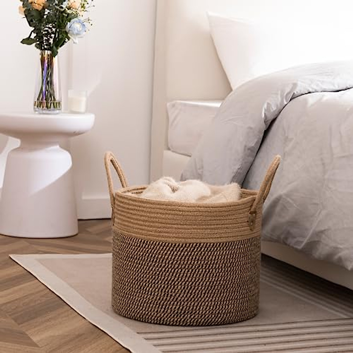 joybest Woven Storage Basket with Handle, Wicker Basket for Organizing, Jute Basket for Plant, Boho Decorative Basket For Blanket Toy Shoes Clothes 14x12 Inches