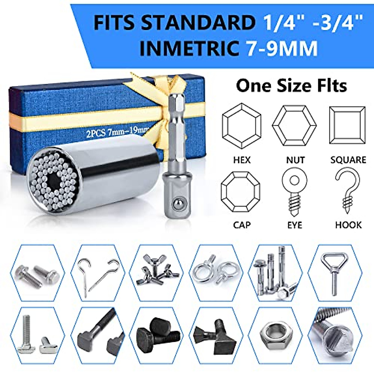 Universal Socket Tools,Professional 7mm-19mm Super Socket Tool Sets with Power Drill Adapter,Stocking Stuffers for Men, Gifts for Men Dad,Including Gift Box and bowknot