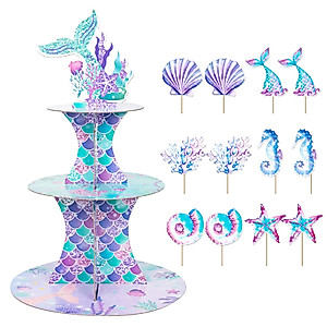 OPUHOHR 3 Tier Mermaid Cupcake Stand,Cupcake Tower with 12pcs Mermaid Theme Cake Topper, Dessert Tower Holder for Mermaid Theme Birthday Decoration Baby Shower Party Supplies