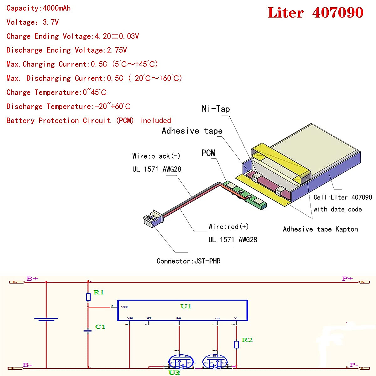 Liter energybattery 3.7V Lipo Battery 4000mAh Rechargeable Lithium ion Polymer Battery 407090 Lithium Polymer ion Battery with JST Connector