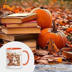 Hyturtle Fall Halloween Coffee Mug - Cute Ghost Reading Book Mug - Maple Leaves Spooky Pumpkin Gifts For Men Women On Halloween Birthday Christmas - 11oz Two Tone Orange/White Ceramic Coffee Tea Cup