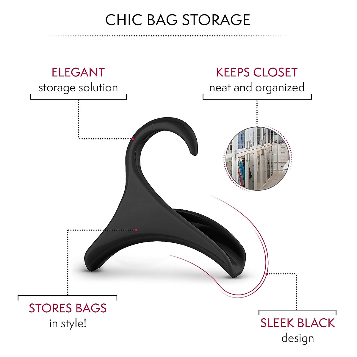Bag-a-Vie Purse Hanger for Closet - Handbag Organizer Hooks for Hanging Bags & Purses, Protecting Bag Shape & Organizing Space (3 Hangers, Black Plastic)